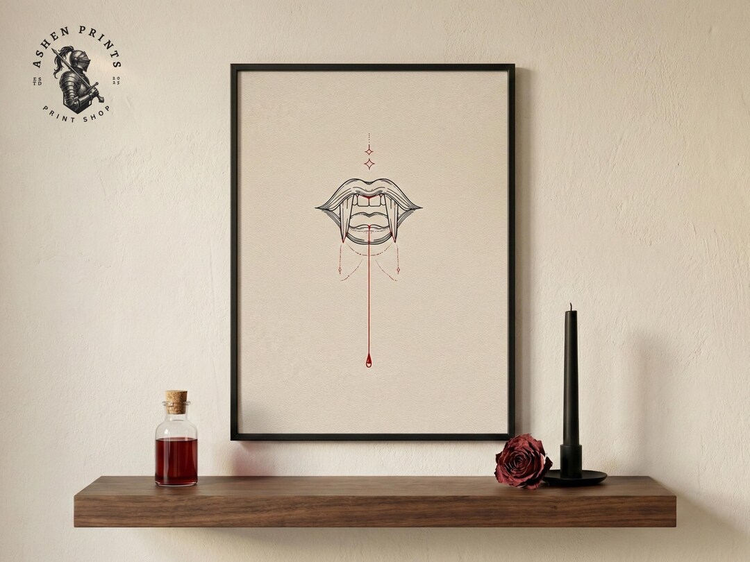 Minimalist Vampire Fangs Line Art Print – Gothic Home Decor (digital ...