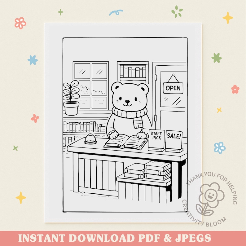 Cozy Bear Bookshop Coloring Page | Cute Animal Reading Scene ...