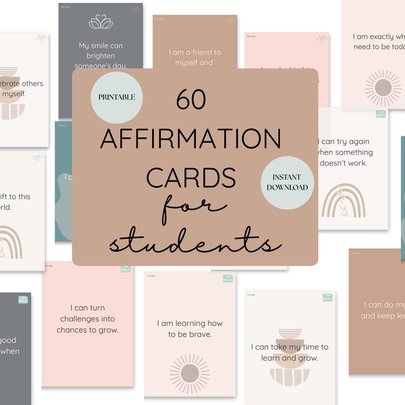60 Positive Affirmation Cards Printable for Kids Student Mental Health ...