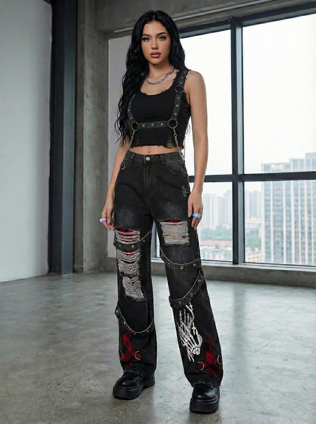 Y2 Alt Baggy Cargo Pants, Gothic Distressed Black Denim, Cyberpunk ...