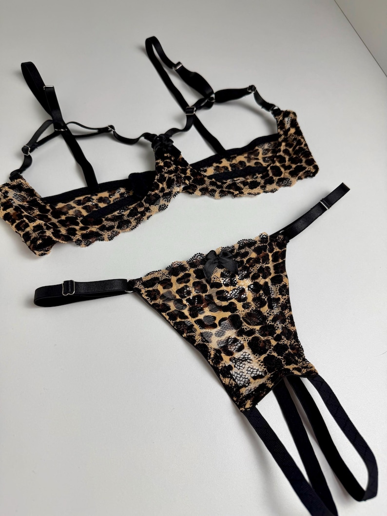Leopard Half Cup Bra & Crotchless Strappy Thong – Open Cup Lace ...