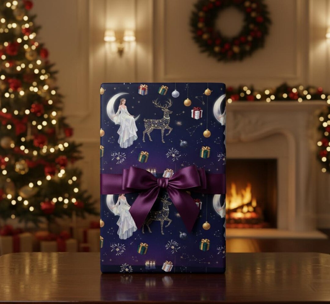Celestial Goddess & Stardust Reindeer Wrapping Paper - Luxury Mystical ...