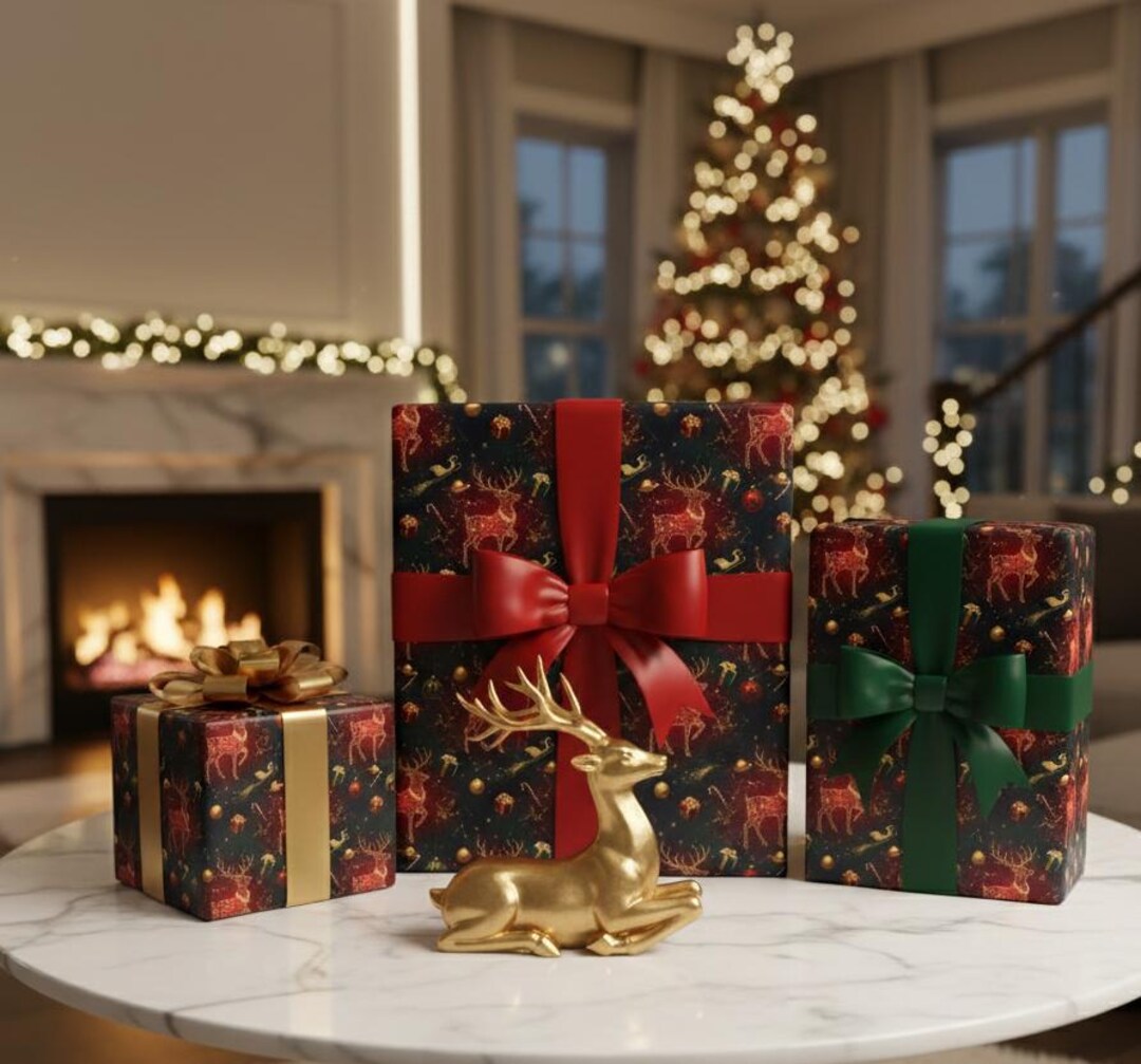 Celestial Stardust Reindeer Wrapping Paper - Deep Red, Gold & Dark ...