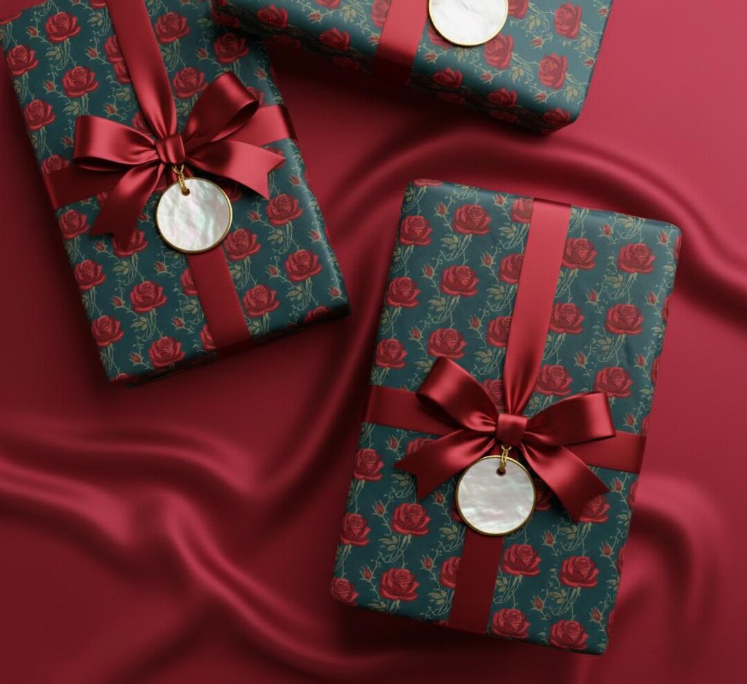 Regal Crimson Rose Wrapping Paper | Vintage Floral Elegance on Deep ...