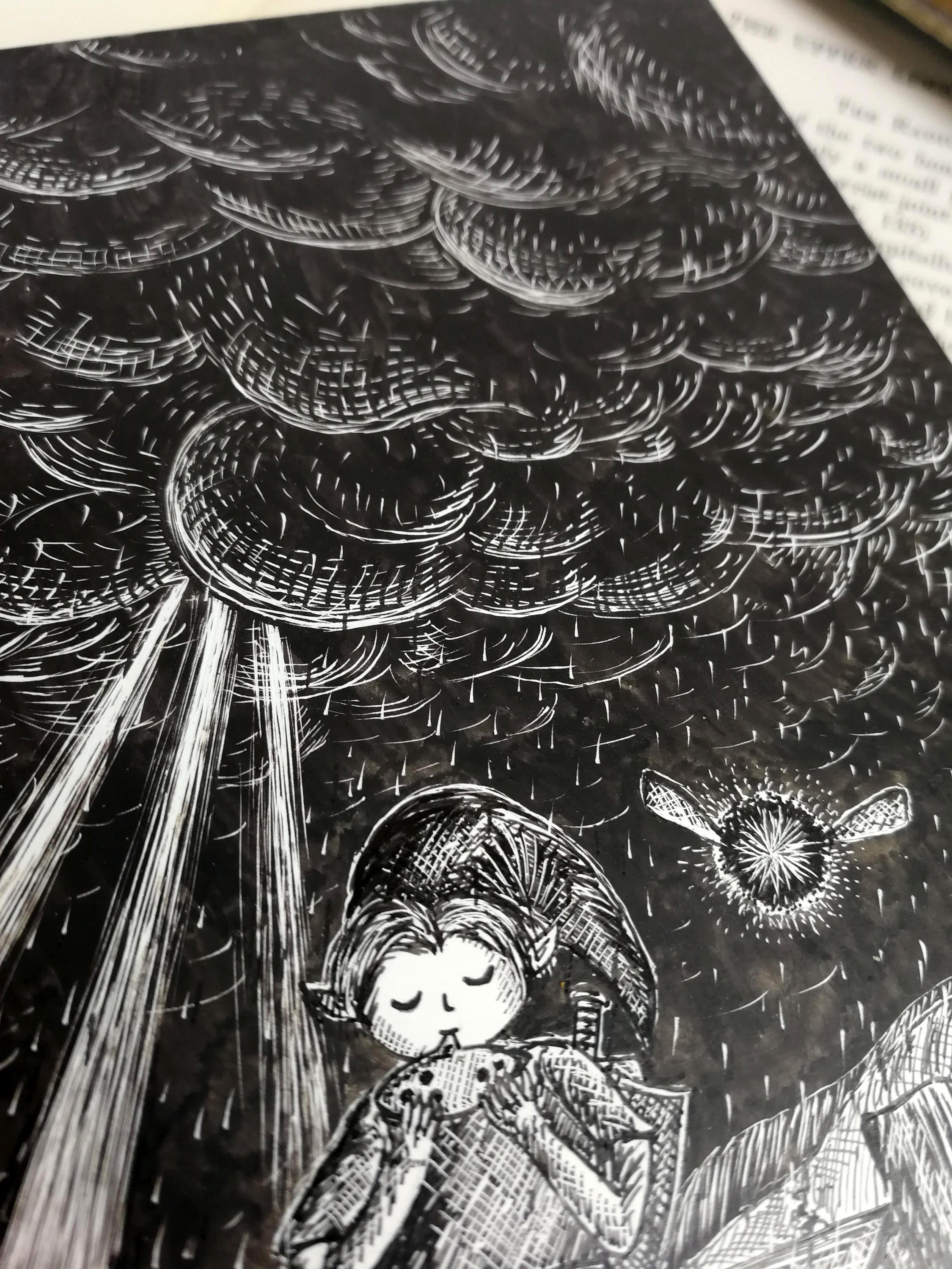 Song of Storms- Original scraperboard ink drawing- Zelda Ocarina of ...