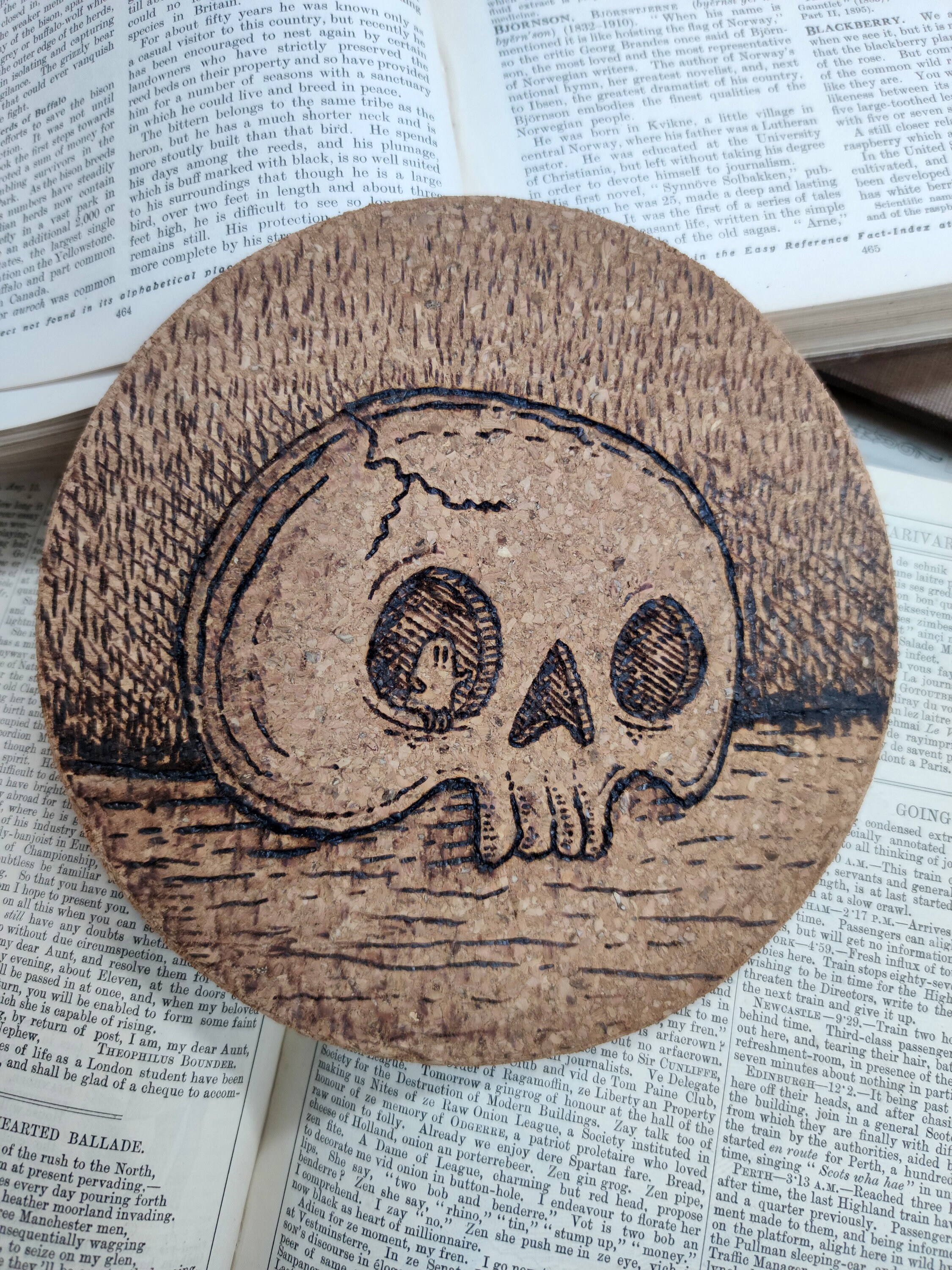 Haunted Skull- Pyrography Original Art on Cork Plaque
