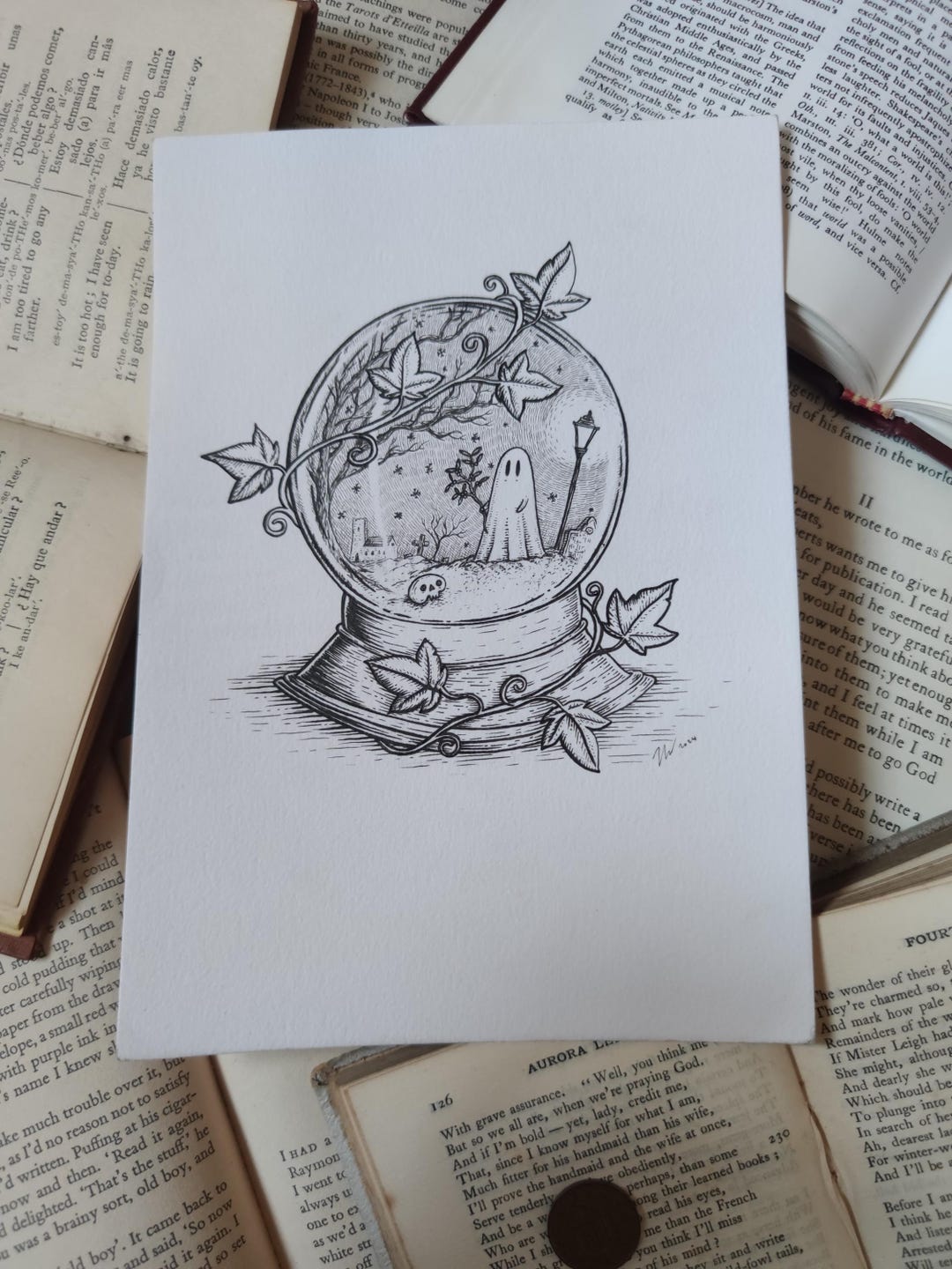 Snowglobe Ghost Original Ink Drawing - Etsy