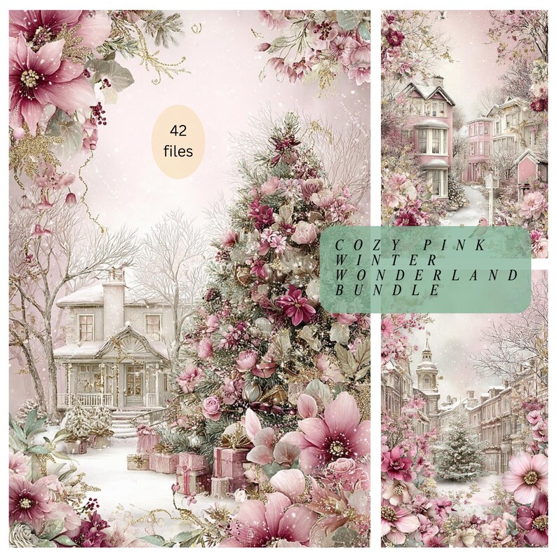 Pink Cozy Snowy Winter Wonderland Clipart Bundle | Ephemera junk ...