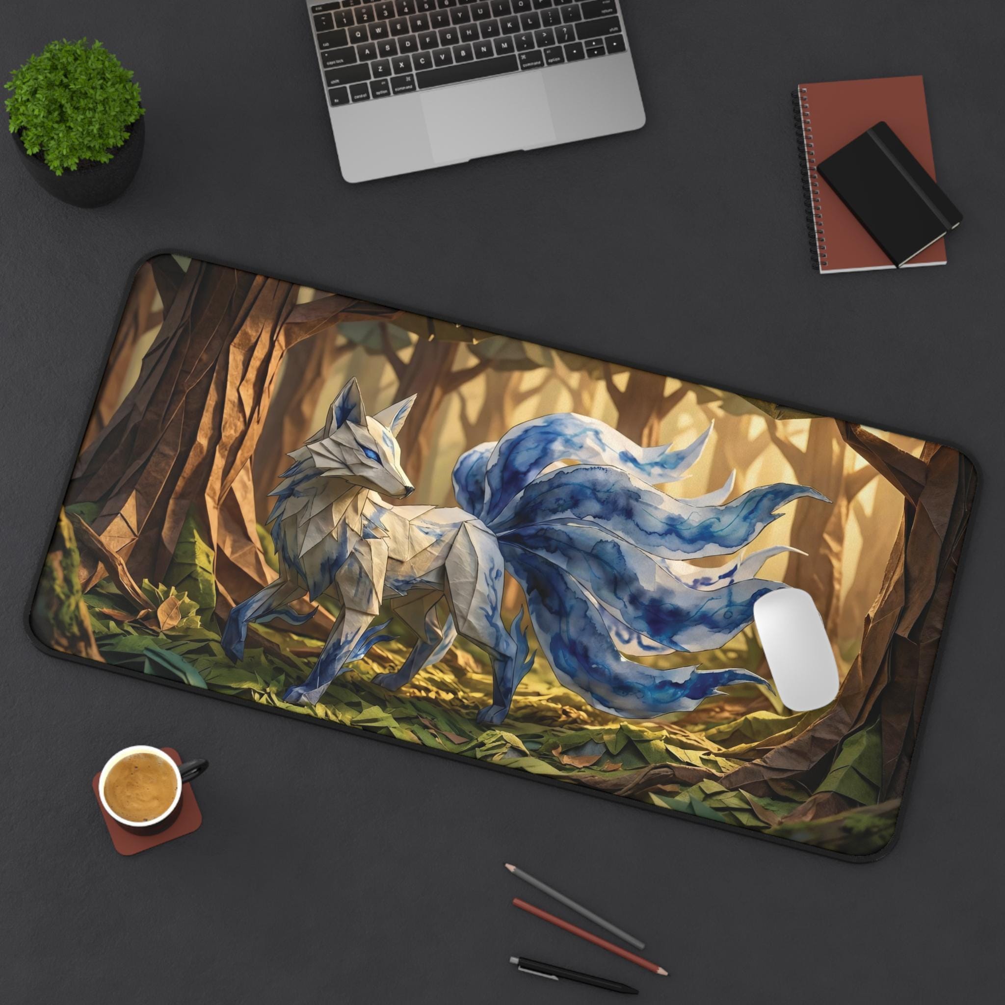 Gumiho Nine Tailed Fox Desk Mat, Blue Watercolor Kitsune Mouse Pad ...
