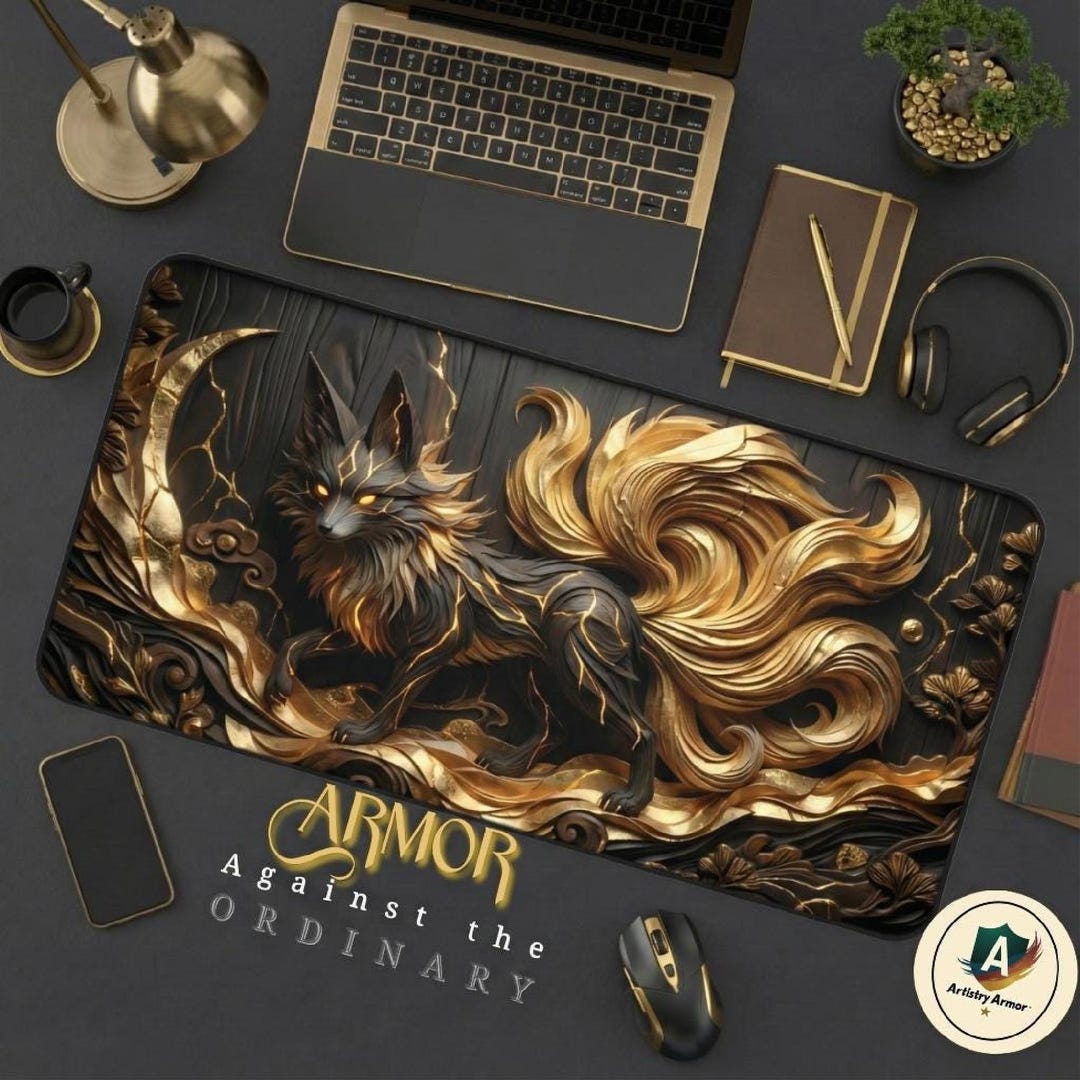 Kitsune Nine Tailed Fox Desk Mat, Japanese Mythology Art, Fantasy ...
