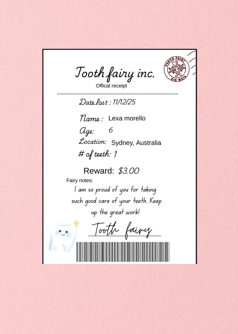 Editable Tooth Fairy Receipt Template, Printable Kids Gift ...