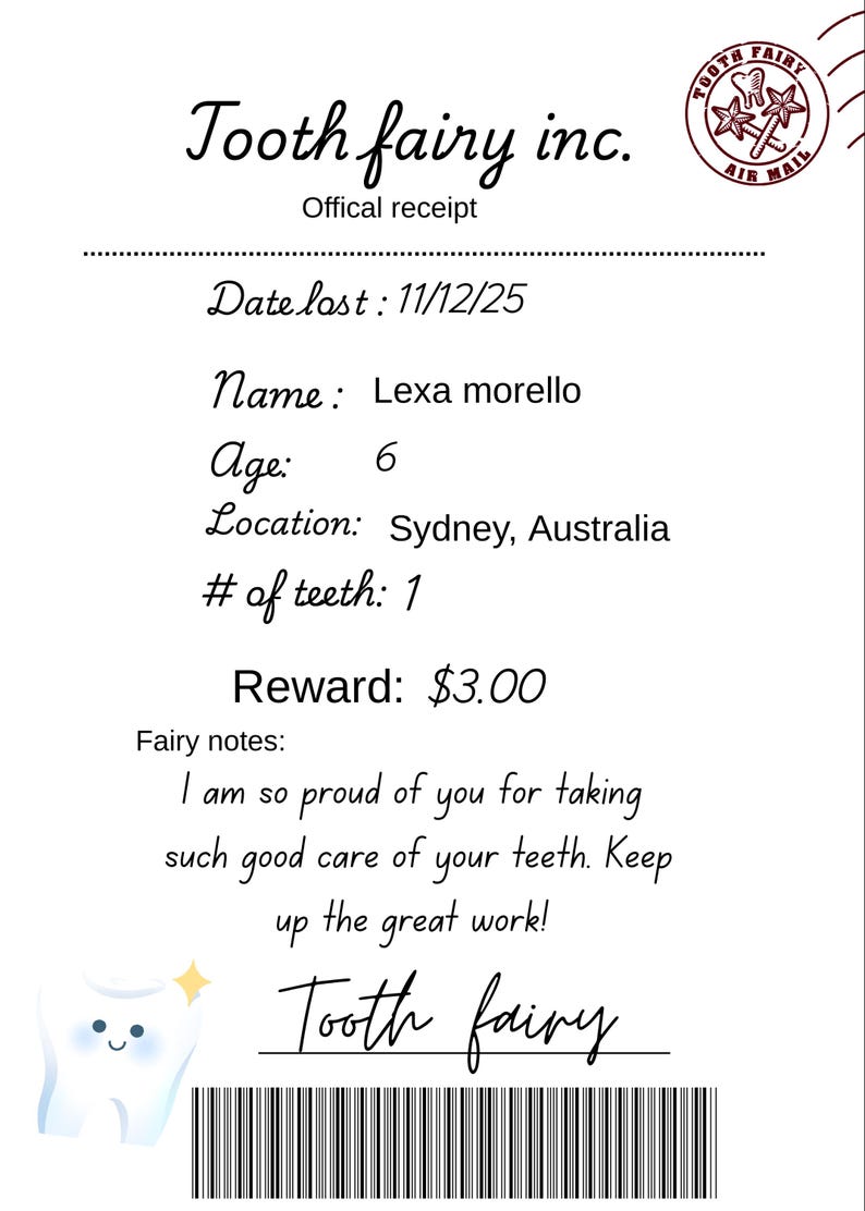 Editable Tooth Fairy Receipt Template, Printable Kids Gift ...