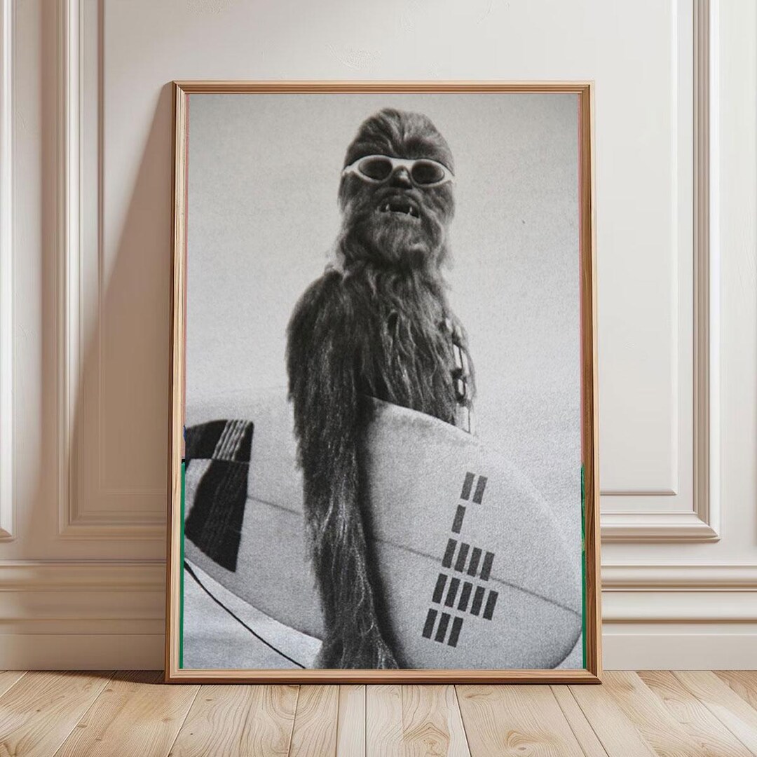 Chewbacca Surfing Poster, Funny Star Sci Fi Wall Art, Retro Black and ...