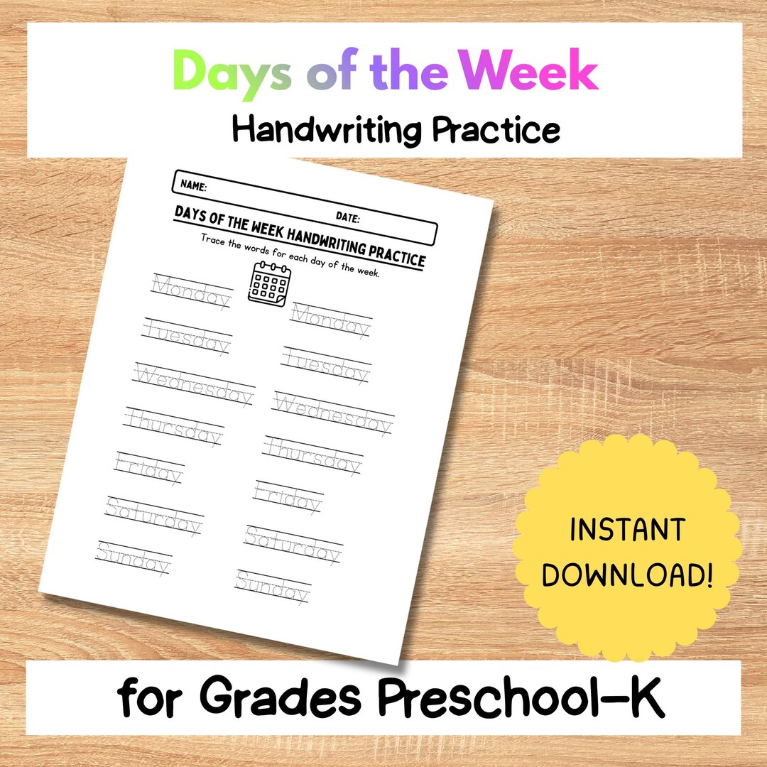Days of the Week Handwriting Practice | Tracing Worksheet | Preschool ...