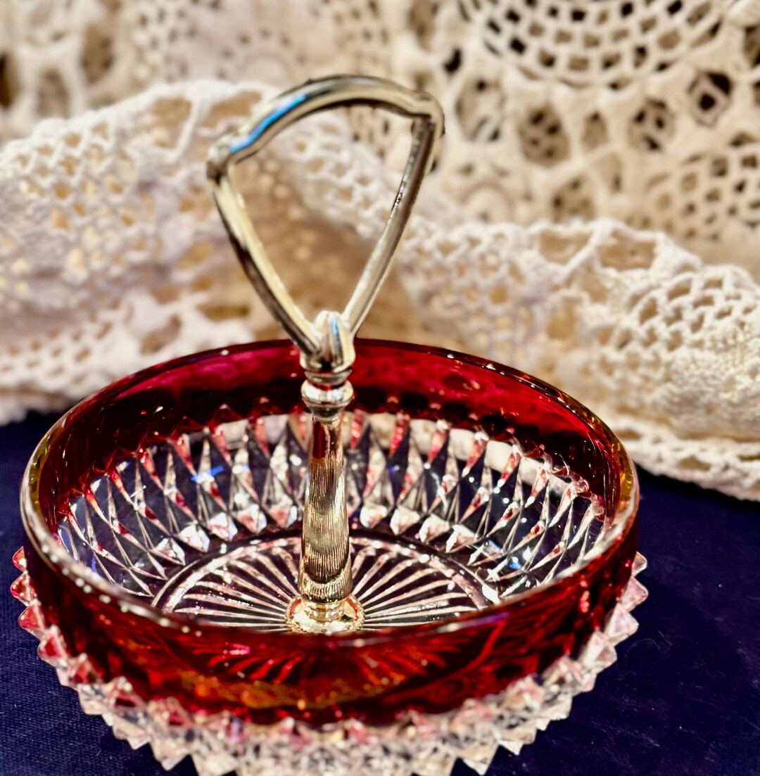 Vintage Ruby Red Cut-to-clear Glass Nappy Dish With Silver Handle - Etsy