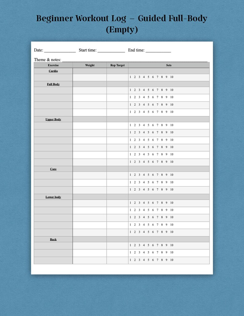 Beginner Workout Log – Guided Full-body Template - Etsy