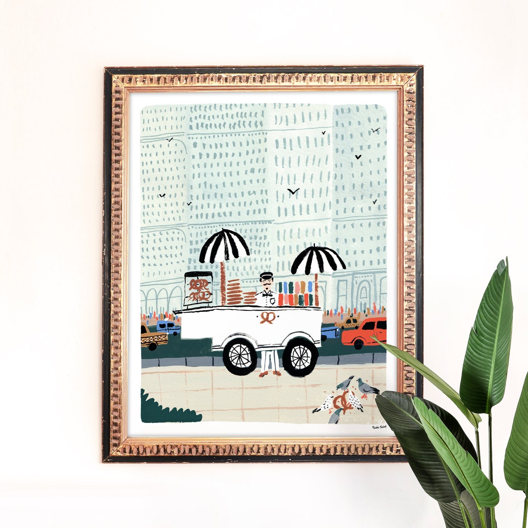 Pretzel Man Art Print | New York Food Vendor | Vintage Travel Giclee ...