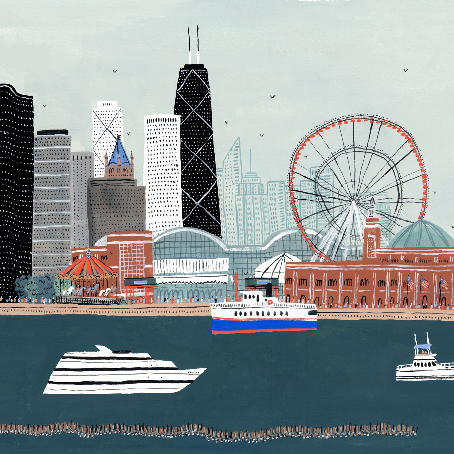 Navy Pier Art Print | Chicago Skyline Wall Art | Ferris Wheel Painting ...
