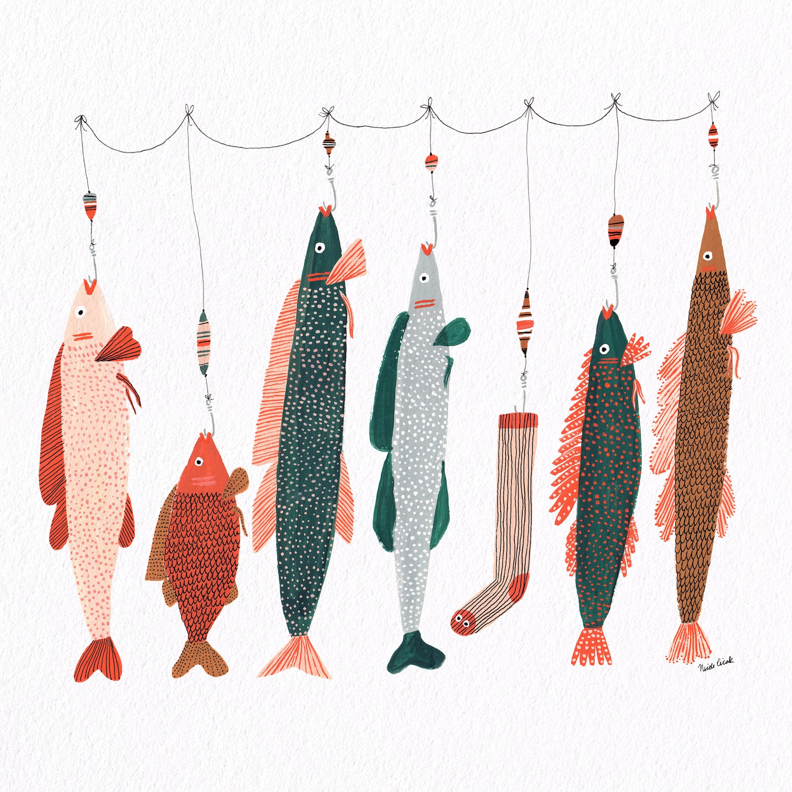 Fish on a Line Art Print | Fisherman Art | Lake House Decor | Koi Fish ...