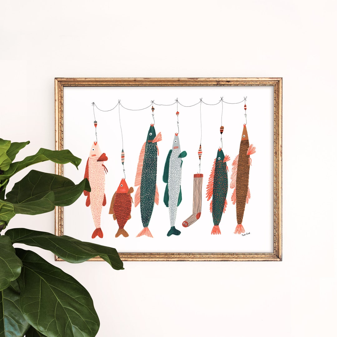 Fish on a Line Art Print | Fisherman Art | Lake House Decor | Koi Fish ...