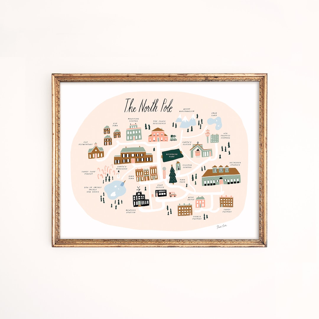North Pole Map Art Print | Elf Wall Art | Christmas Home Decor | Santa ...