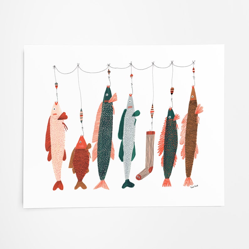 Fish on a Line Art Print | Fisherman Art | Lake House Decor | Koi Fish ...
