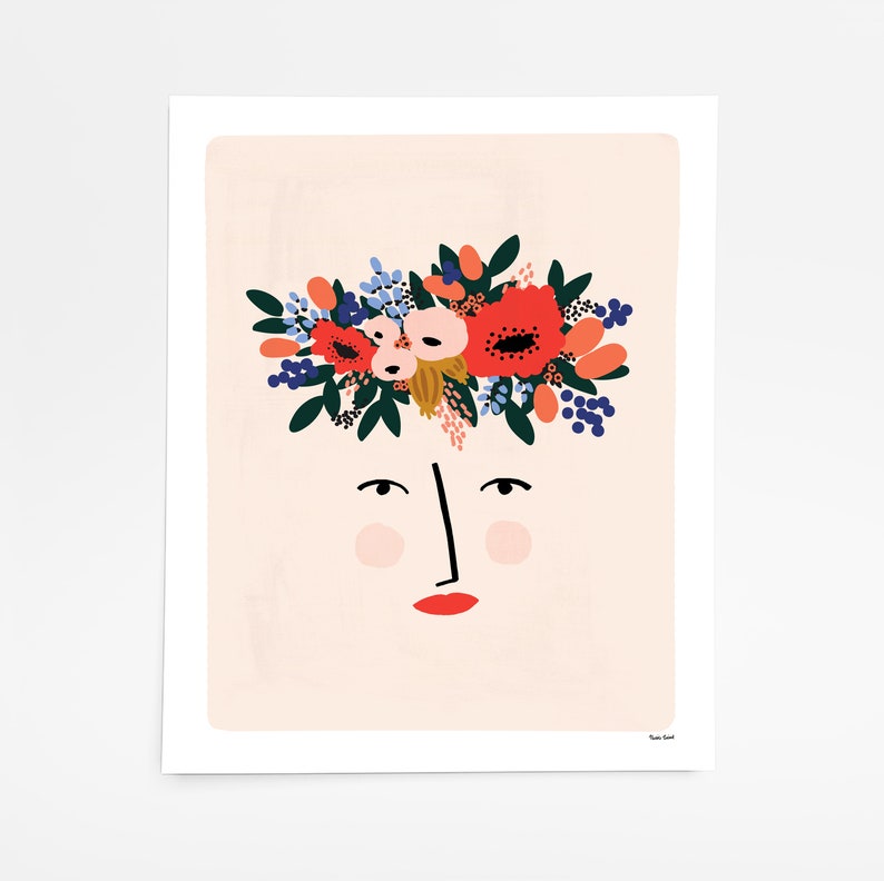 Lady With the Flower Crown Art Print Plant Lady Wall Art | Etsy