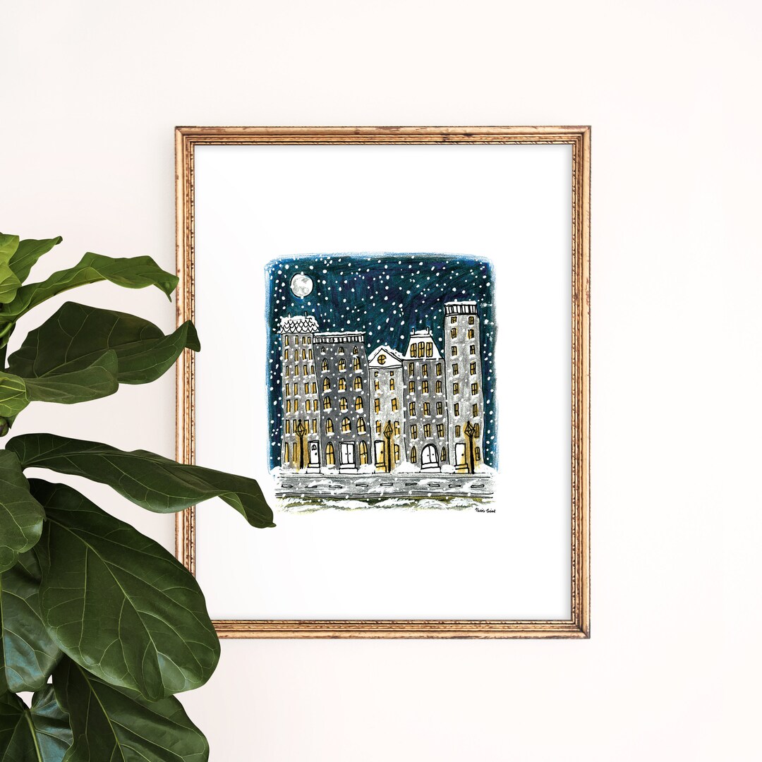 Snowy Snowy Night Art Print | Winter Giclee Poster | Holiday Skyline ...