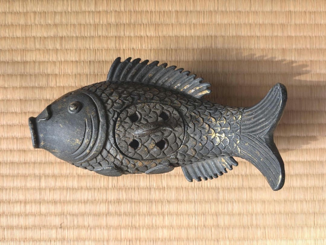 Antique Japanese Cast Iron Koi Fish Incense Burner (kōro) | Gold Gilt ...