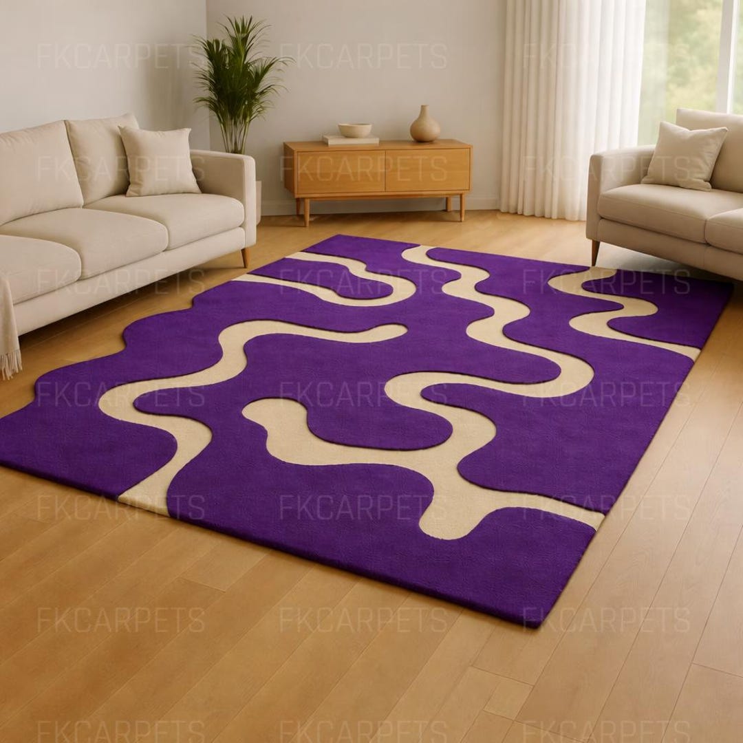 Modern Purple Wave Rug | Abstract Beige Plush Area Carpet - Etsy
