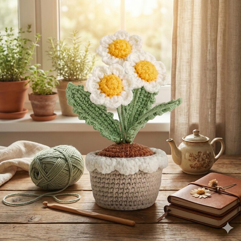Crochet Flower Pot Pattern PDF, 3D Floral Amigurumi Daisy Rose ...