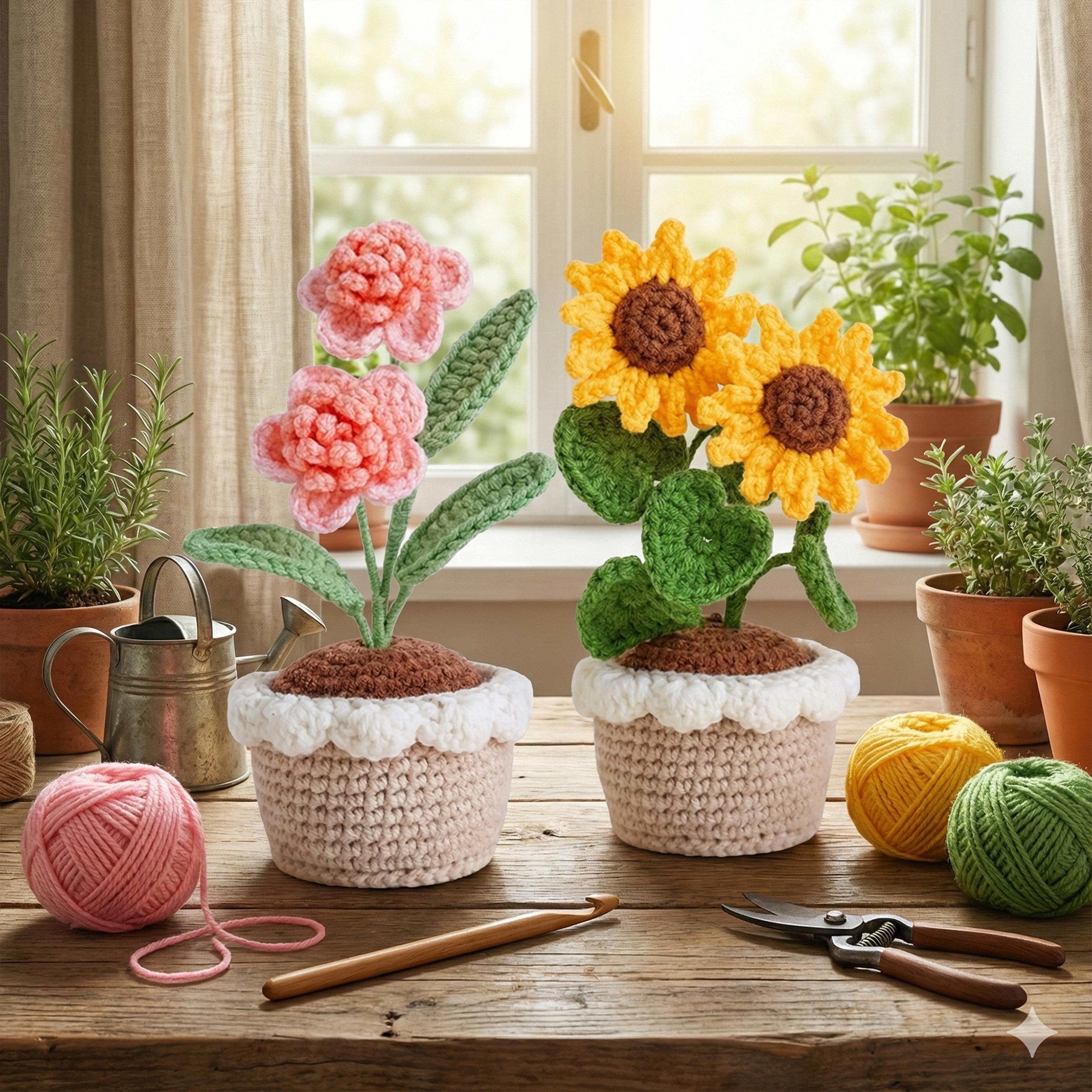 Crochet Flower Pot Pattern PDF, 3D Floral Amigurumi Daisy Rose ...