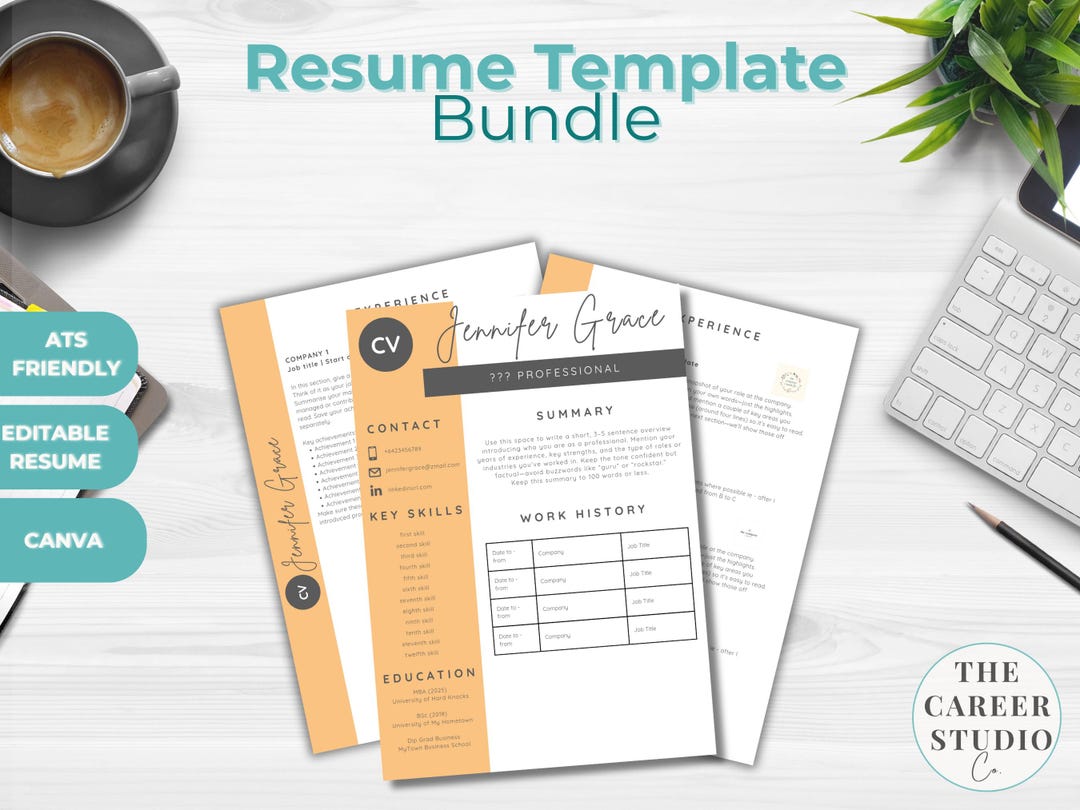 Modern Peach Resume Template Bundle for Canva | CV, Cover Letter and ...