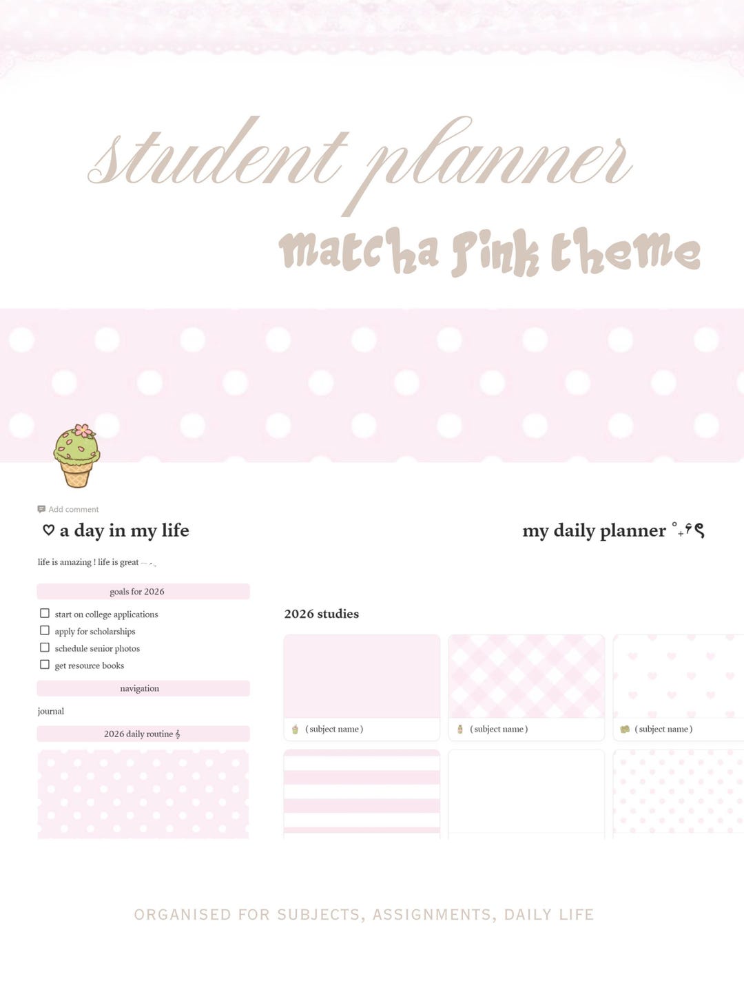 Notion 2026 Matcha Pink Student Template | Aesthetic Notion Studying ...