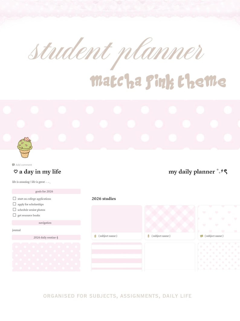 Notion 2026 Matcha Pink Student Template | Aesthetic Notion Studying ...