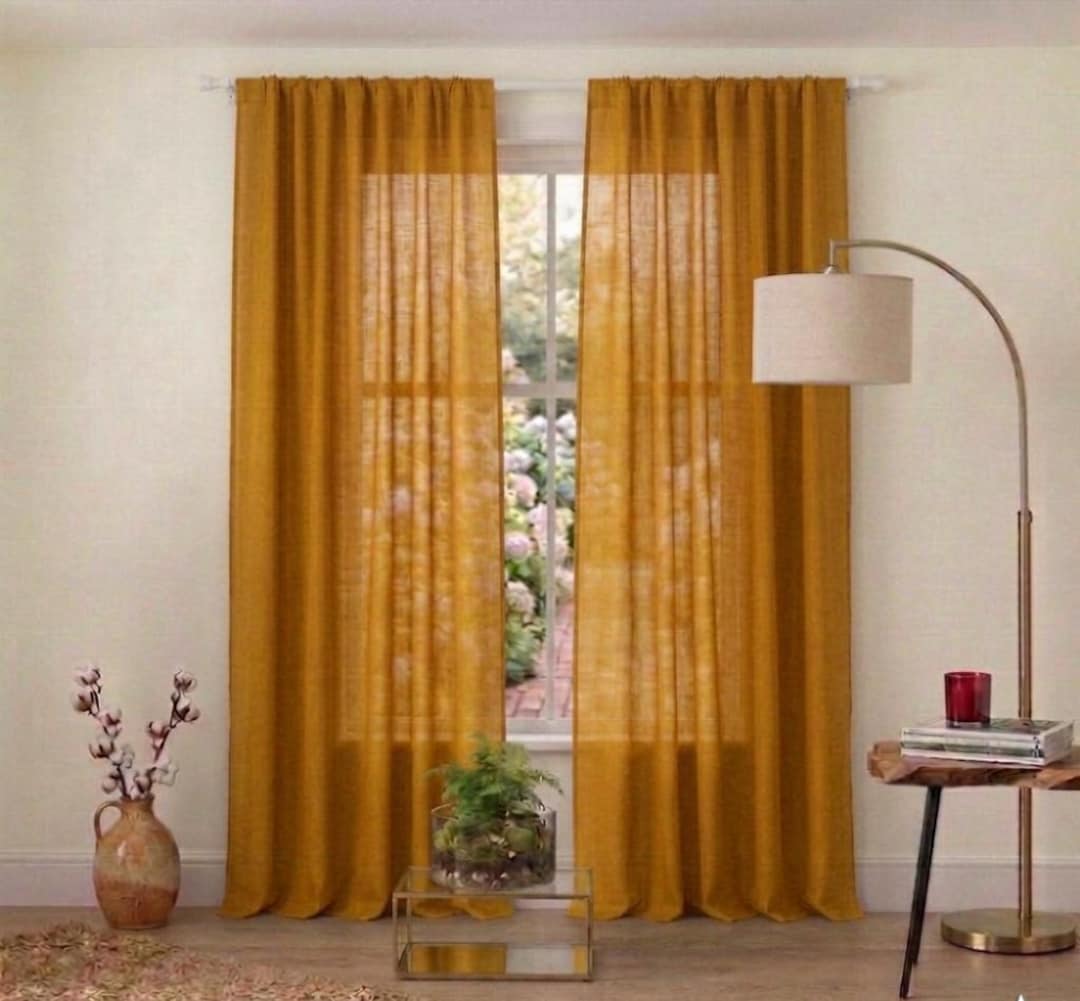 Mustard Yellow Linen Cotton Curtains, Set of 2, Ochre Gold Semi Sheer ...