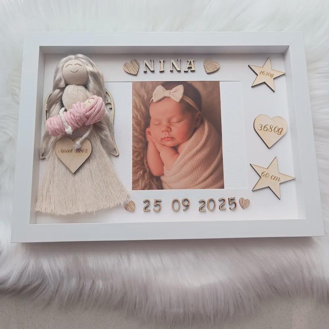 Personalized Baby Girl Birth Stats Frame With Macrame Angel – Custom ...