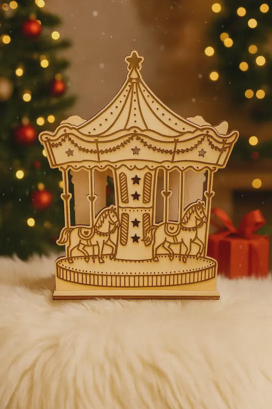 Wooden Christmas Carousel • Handmade Rustic 3D Holiday Tabletop ...