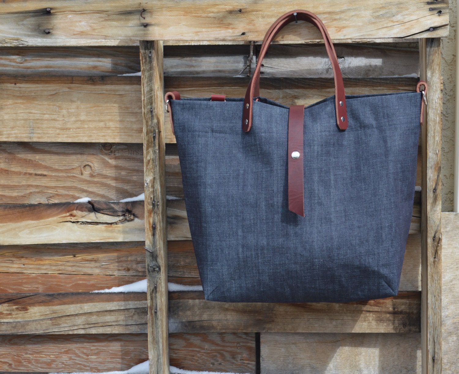 Denim Tote with Leather Handles and Detachable Leather Strap | Etsy