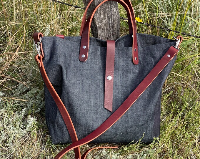 Denim Tote With Leather Handles and Detachable Leather Strap- Diaper ...
