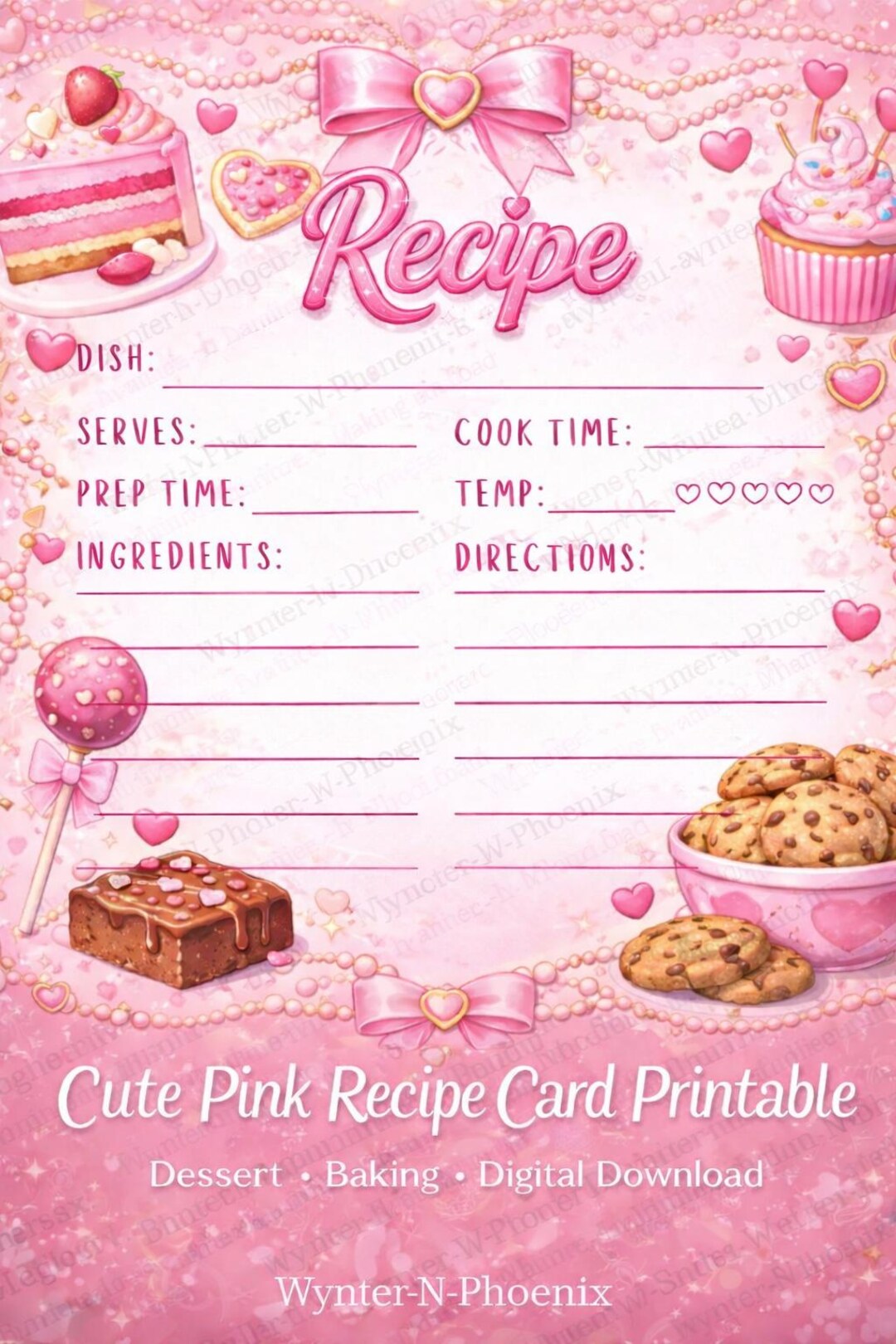 Pink Recipe Card Printable | Cute Dessert Recipe Cards | Girly Kitchen ...