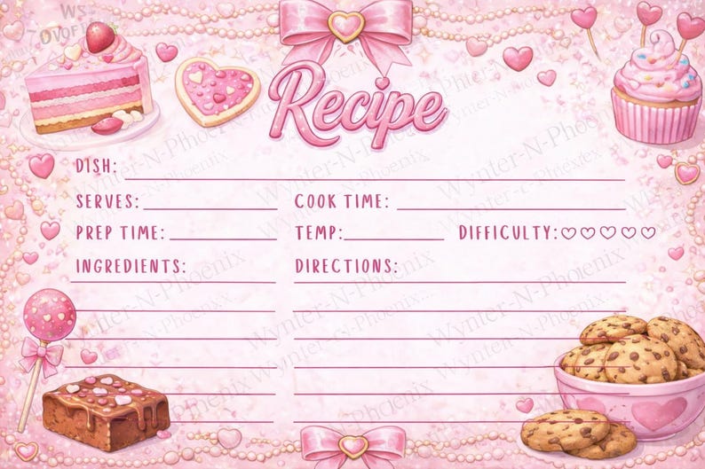Pink Recipe Card Printable | Cute Dessert Recipe Cards | Girly Kitchen ...