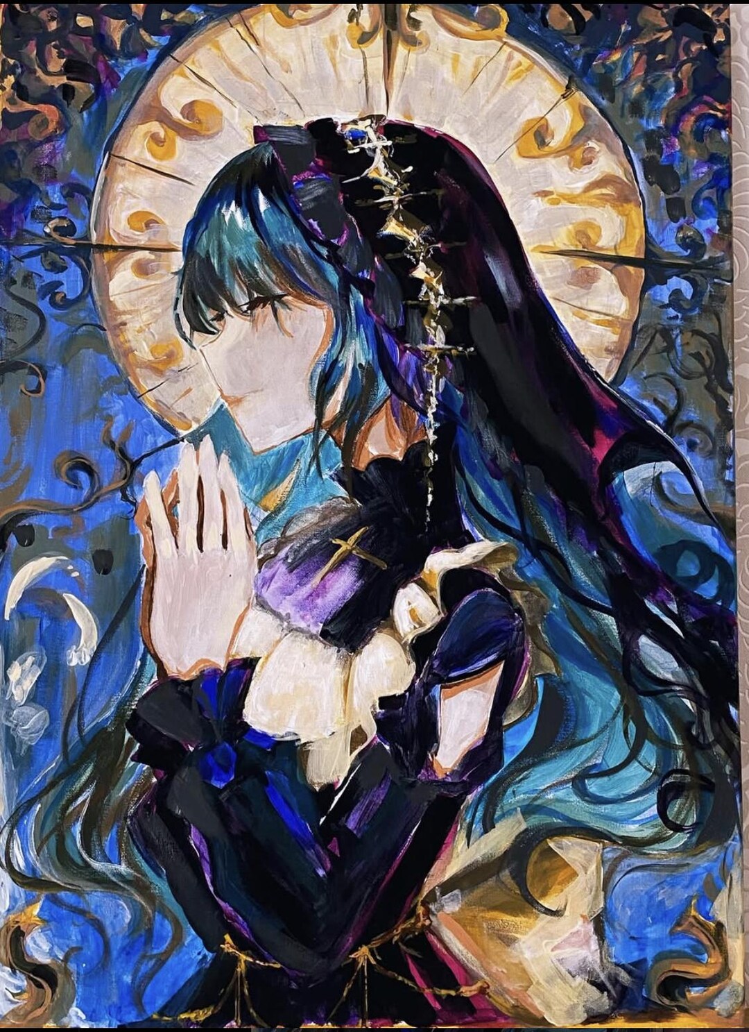 Hand-painted Anime Girl Art – Gothic Blue Gold Acrylic Canvas - Etsy