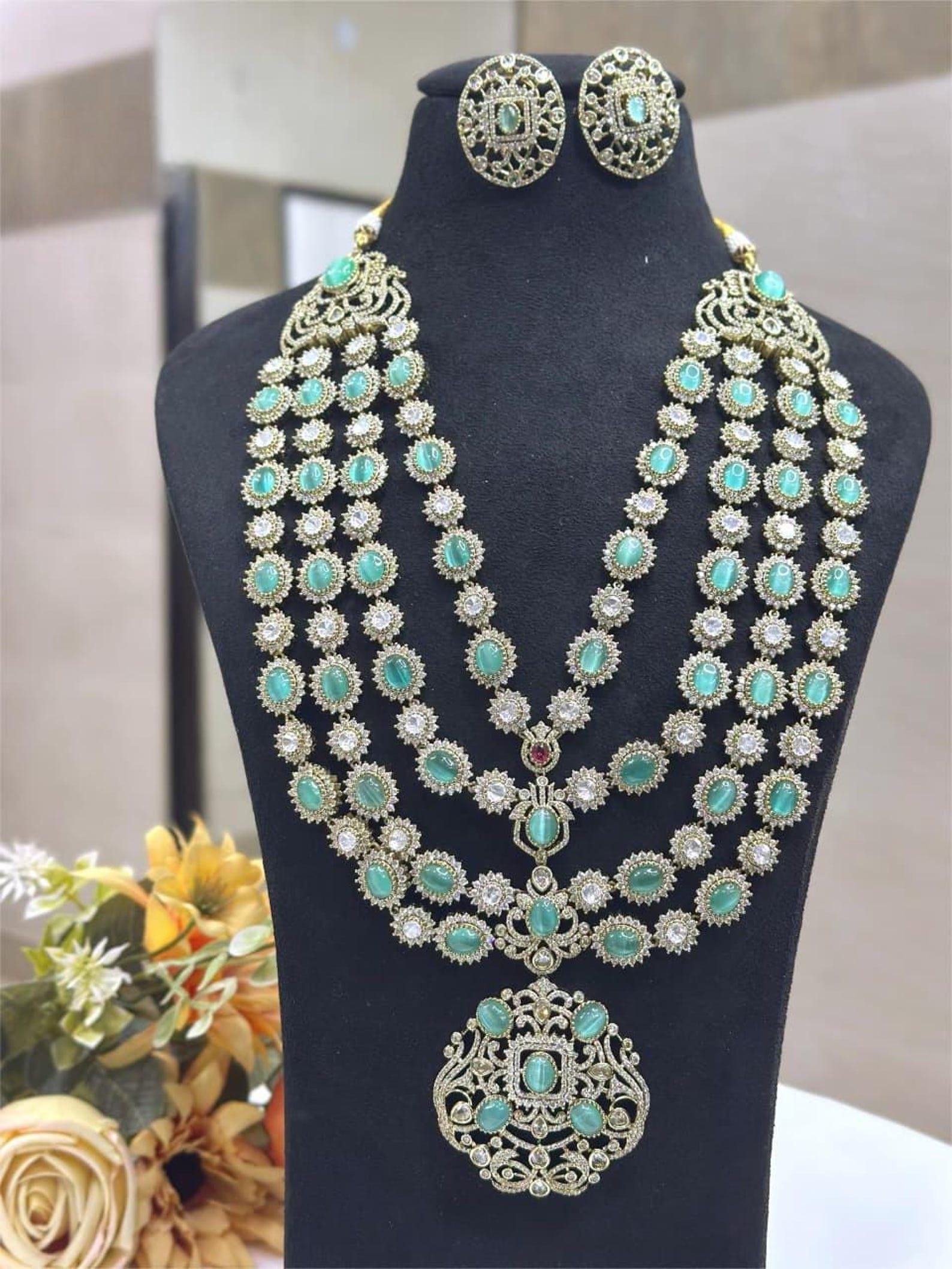 Emerald Diamond Bridal Necklace Set, Layered Statement Jewelry, Indian ...