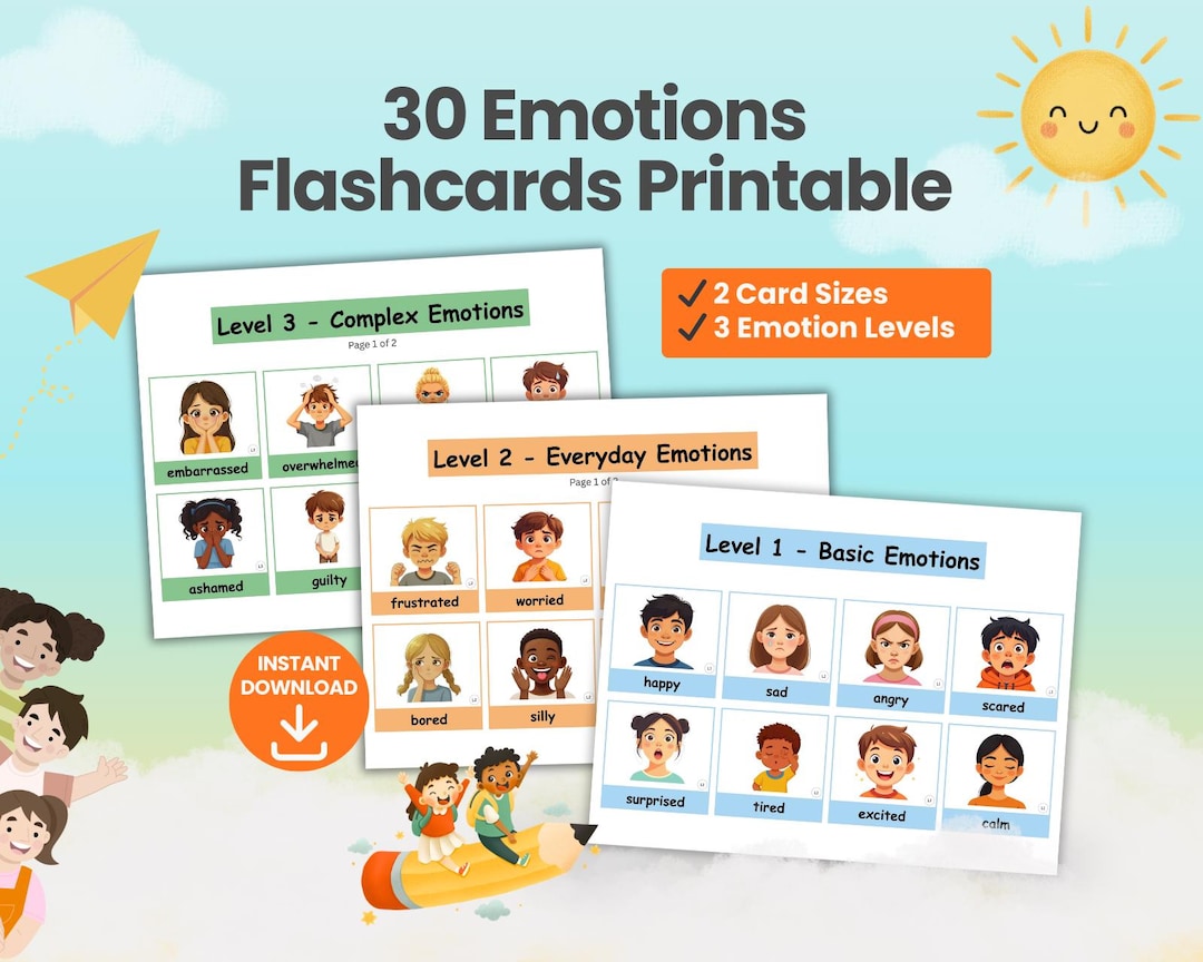 30 Emotion Cards Printable for Kids Autism Flashcards | PECS Feelings ...