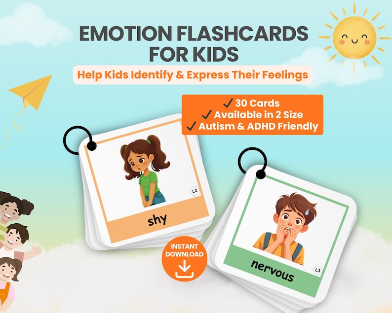 Emotion Flashcards for Kids | Autism, ADHD Feelings Cards (instant ...
