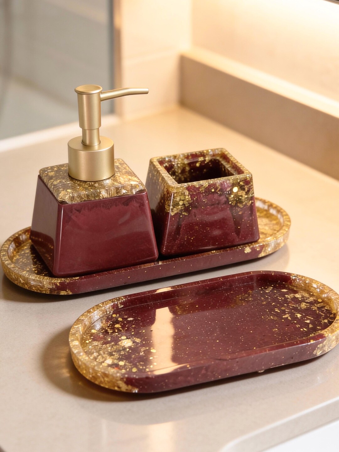 Burgundy & Gold Resin Soap Dispenser Set- Handmade Soap or Lotion Set ...