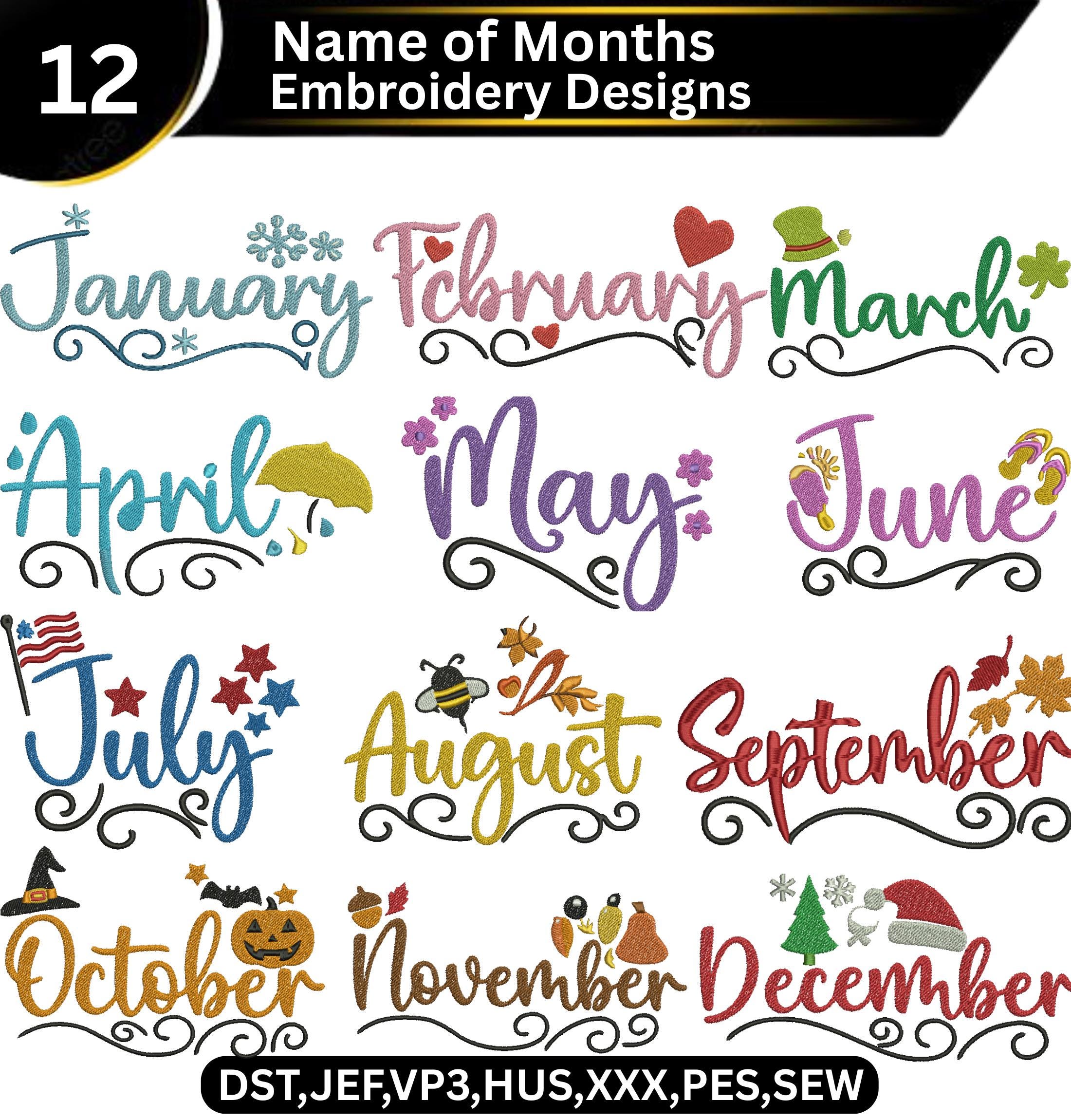 Names of Months Embroidery Designs, Calendar Lettering Design, Hoop ...