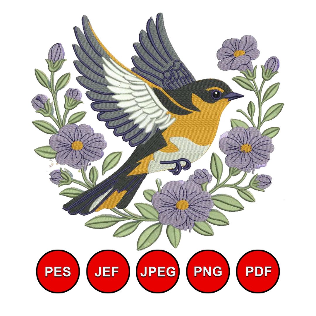 Floral Bird Embroidery Design | Colorful Flowers (pes, Dst, Jef, Pdf ...