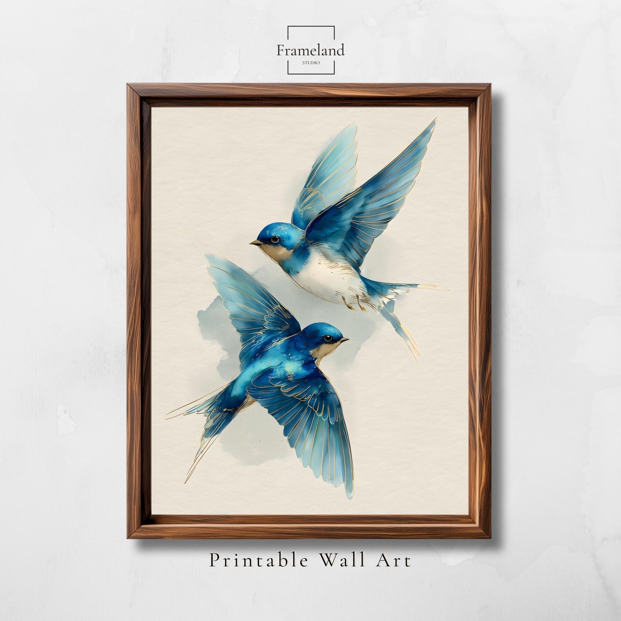 Blue Birds Wall Art, Elegant Bird Painting, Minimal Nature Artwork ...